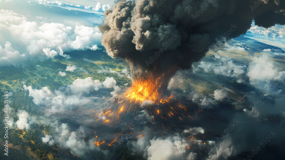 Wide-angle aerial image of a volcano erupting with a big ash and smoke ...