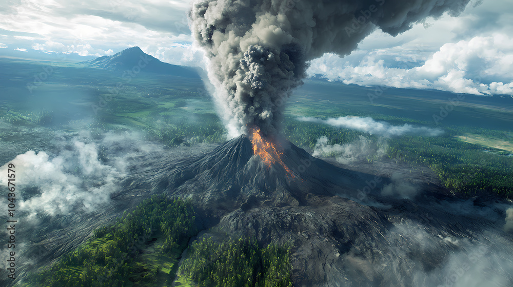 Wide-angle aerial image of a volcano erupting with a big ash and smoke ...
