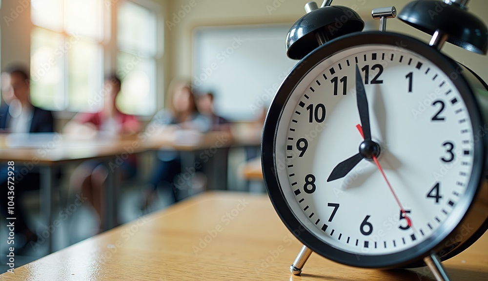 Clock on a desk in a classroom, perfect for educational blogs, time ...