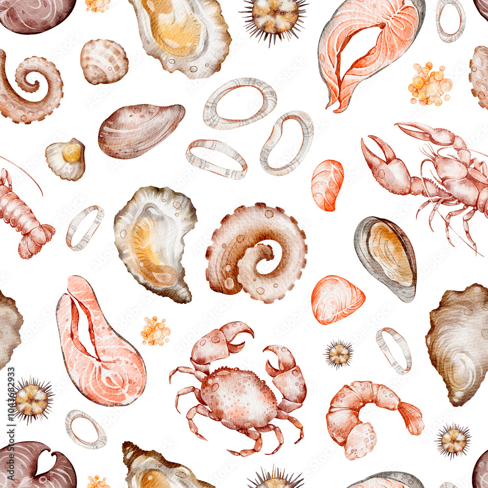 Watercolor Seafood seamless pattern on black background. Hand drawn ...