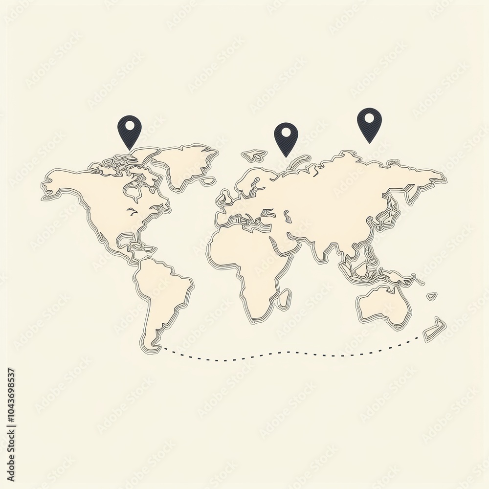 This simple world map outline features pins marking significant travel ...