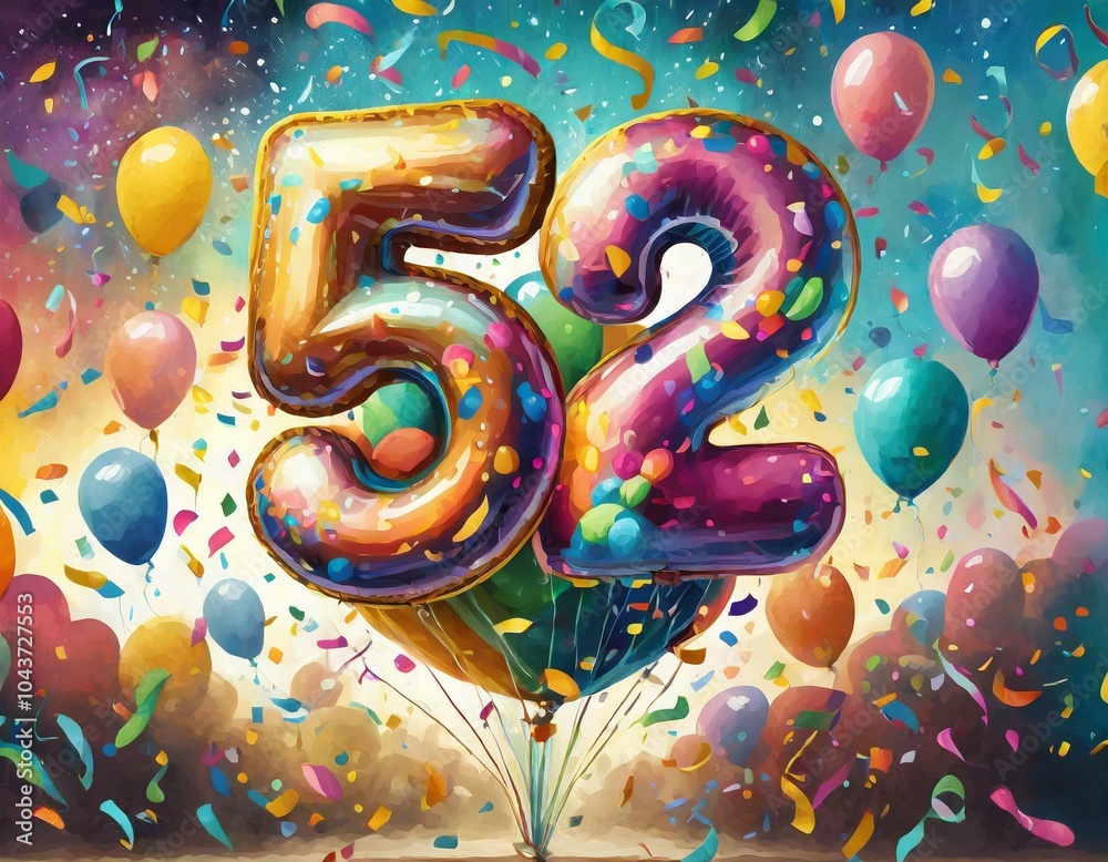 Birthday / anniversary balloon, number 52, colorful illustration with ...