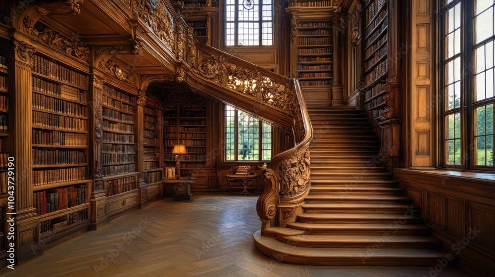 A grand wooden staircase with intricate carvings ascends to an upper level in a library with ...