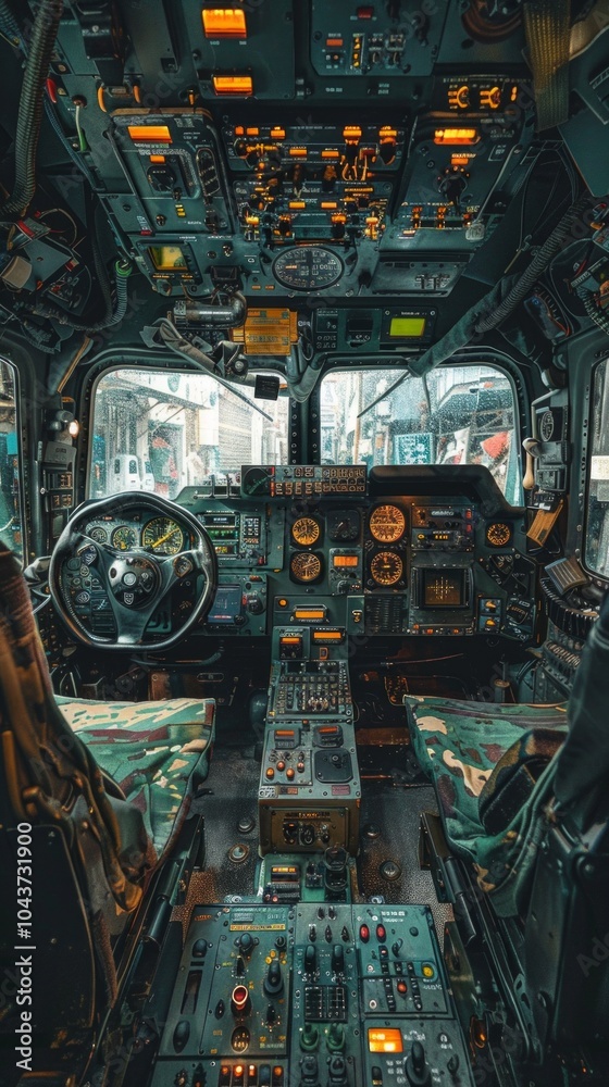 Interior of old military aircraft cockpit with single-seater chairs ...