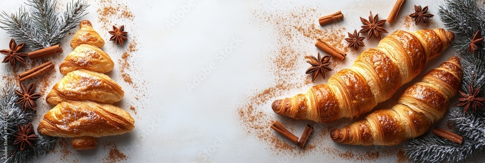 Croissants shaped like Christmas trees, surrounded by cinnamon sticks ...