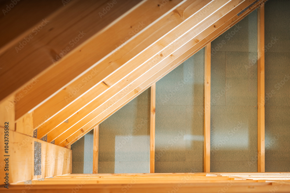 Poster Wooden Rafters and Beams in an Unfinished Attic During Daylight ...