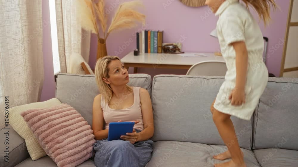 Woman watching child jump on couch in living room with pastel decor and ...
