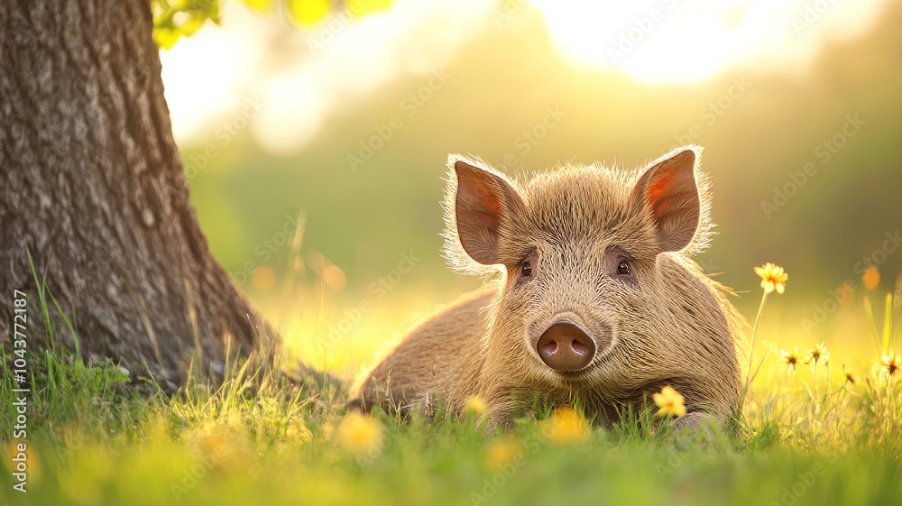 Tranquil wild boar basking in the sunset glow, nestled in vibrant ...