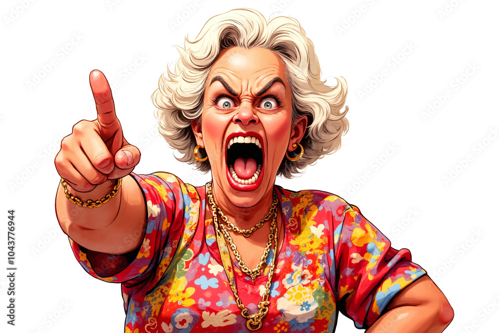 An angry white mature woman pointing an accusing finger, mouth spewing ...