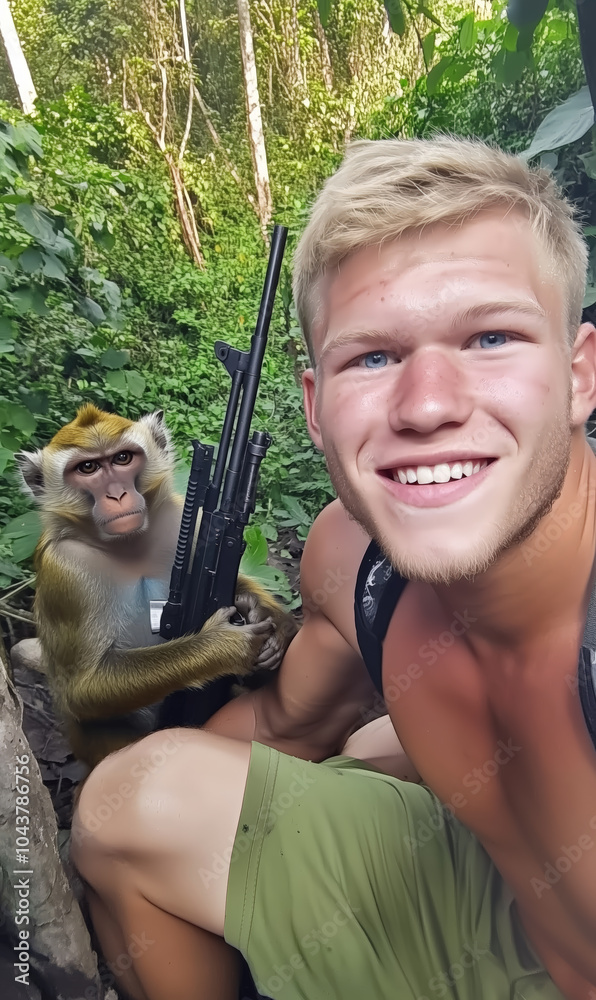 A young man captures a selfie while a serious-looking monkey holds a rifle in the jungle ...