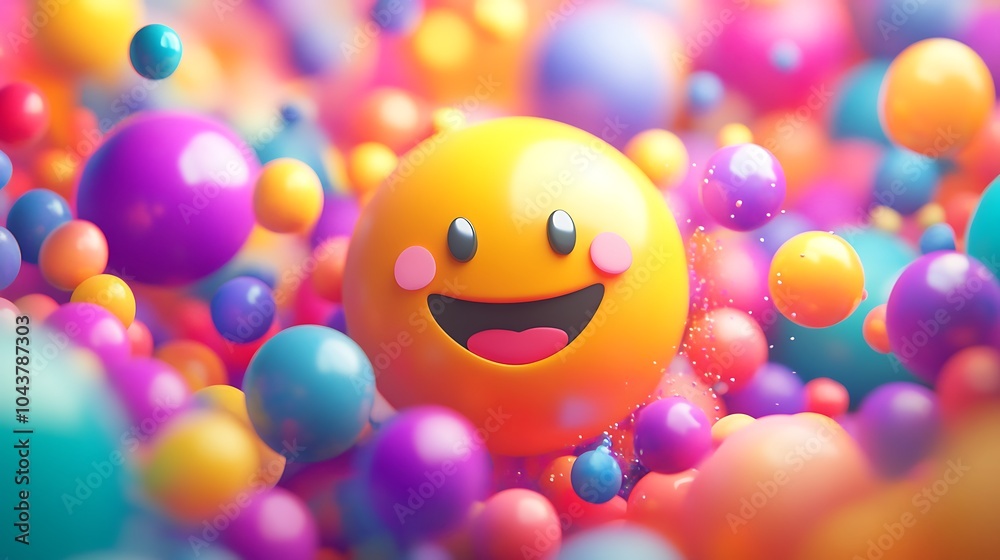 A 3D rendered yellow smiley face with pink cheeks and a wide open mouth ...