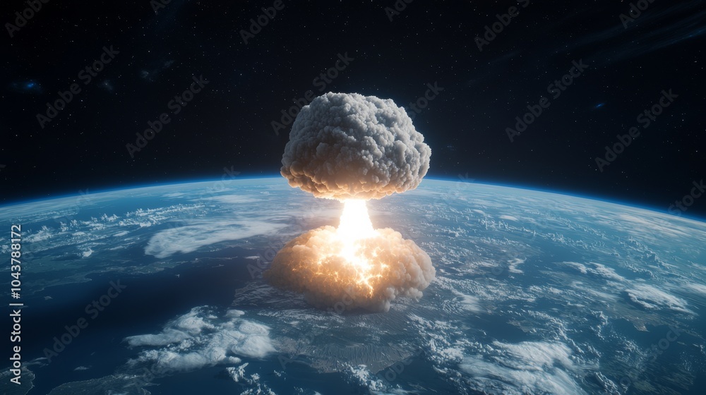 A massive nuclear explosion occurs in space above Earth, with a huge ...