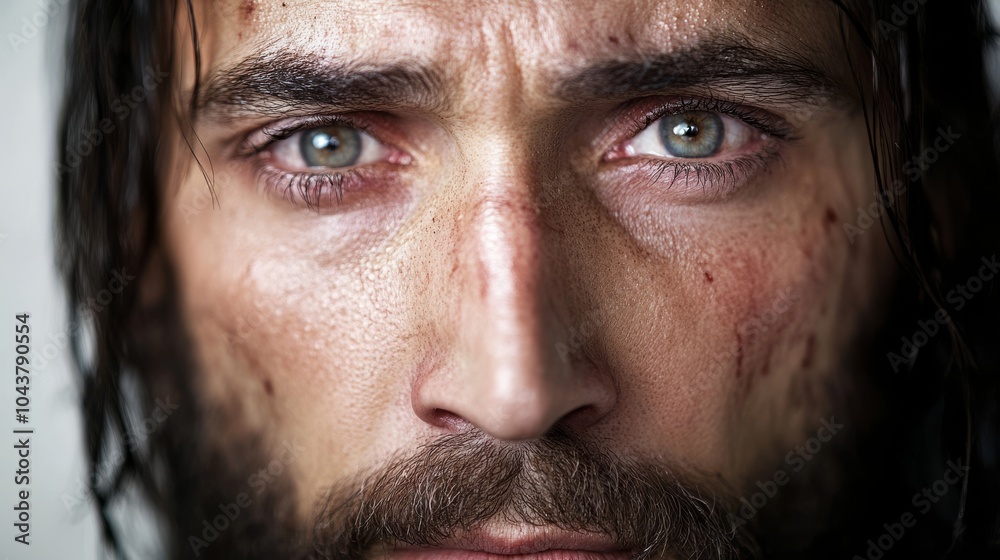 An emotional close-up of a Jesus Christ with piercing blue eyes and a ...