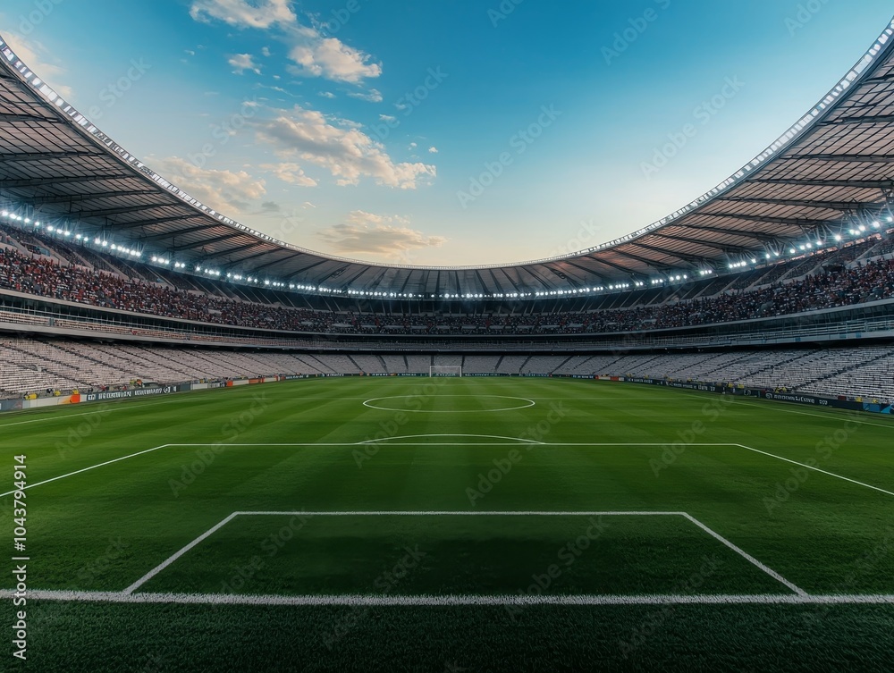 Soccer Stadium Grandeur Wide-Angle View of Green Field and Throngs of ...