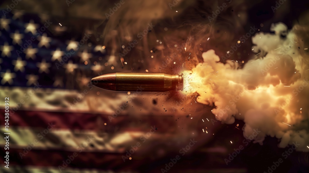 Bullet in motion with fiery explosion and sparks in front of the ...