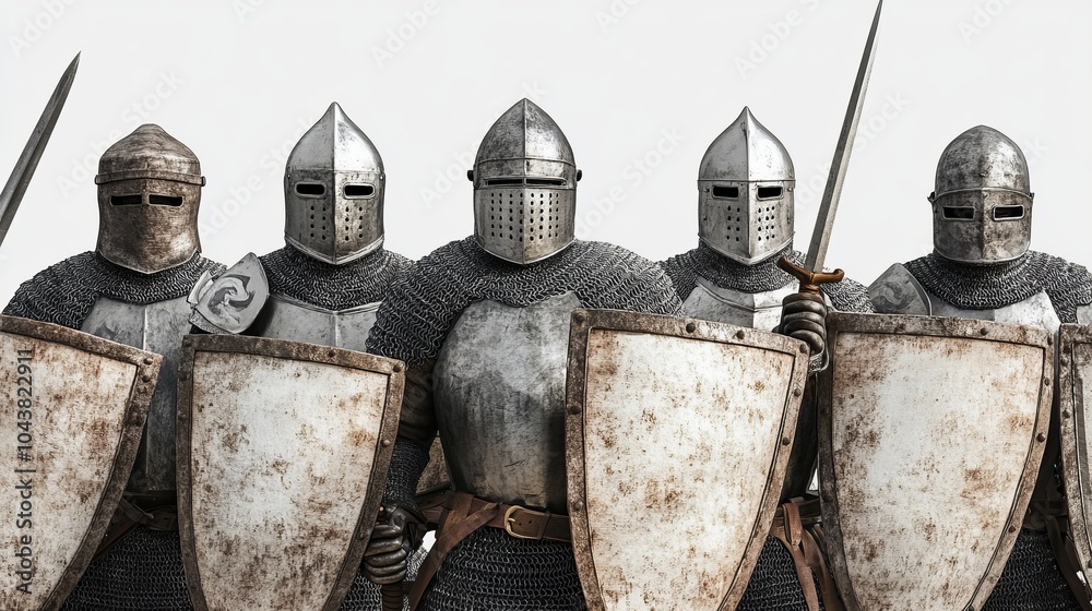 Five medieval knights in full armor stand in a row holding swords and shields. Stock ...
