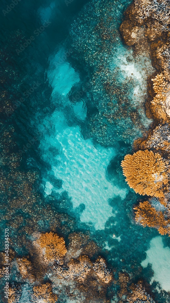 Aerial view of a coral reef, with blue water and brown algae. The ...