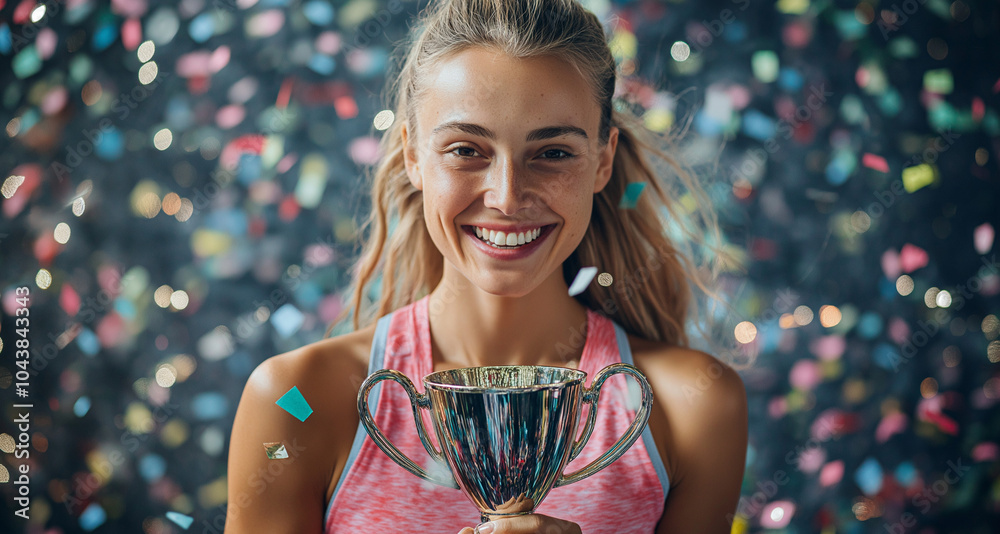 Smiling female athlete holding a trophy with colorful confetti falling ...