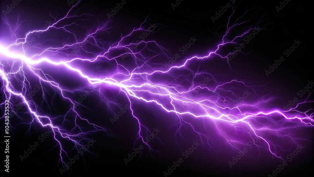 Purple lightning impact effect on plain black background from low angle ...