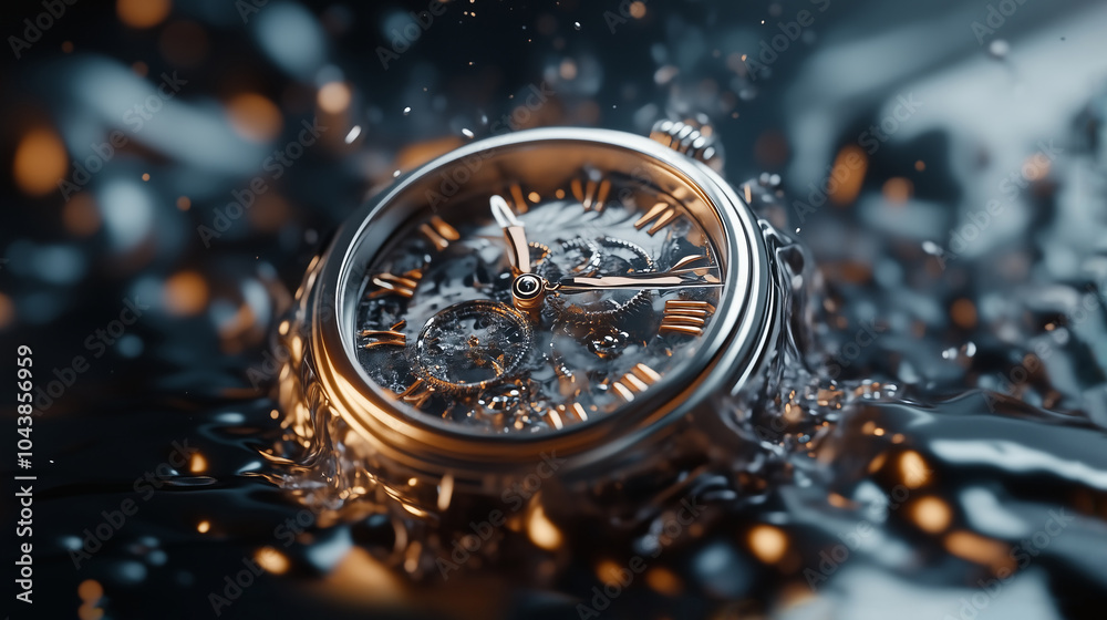 The broken clock sinks into water, symbolizing the fleeting and fragile ...