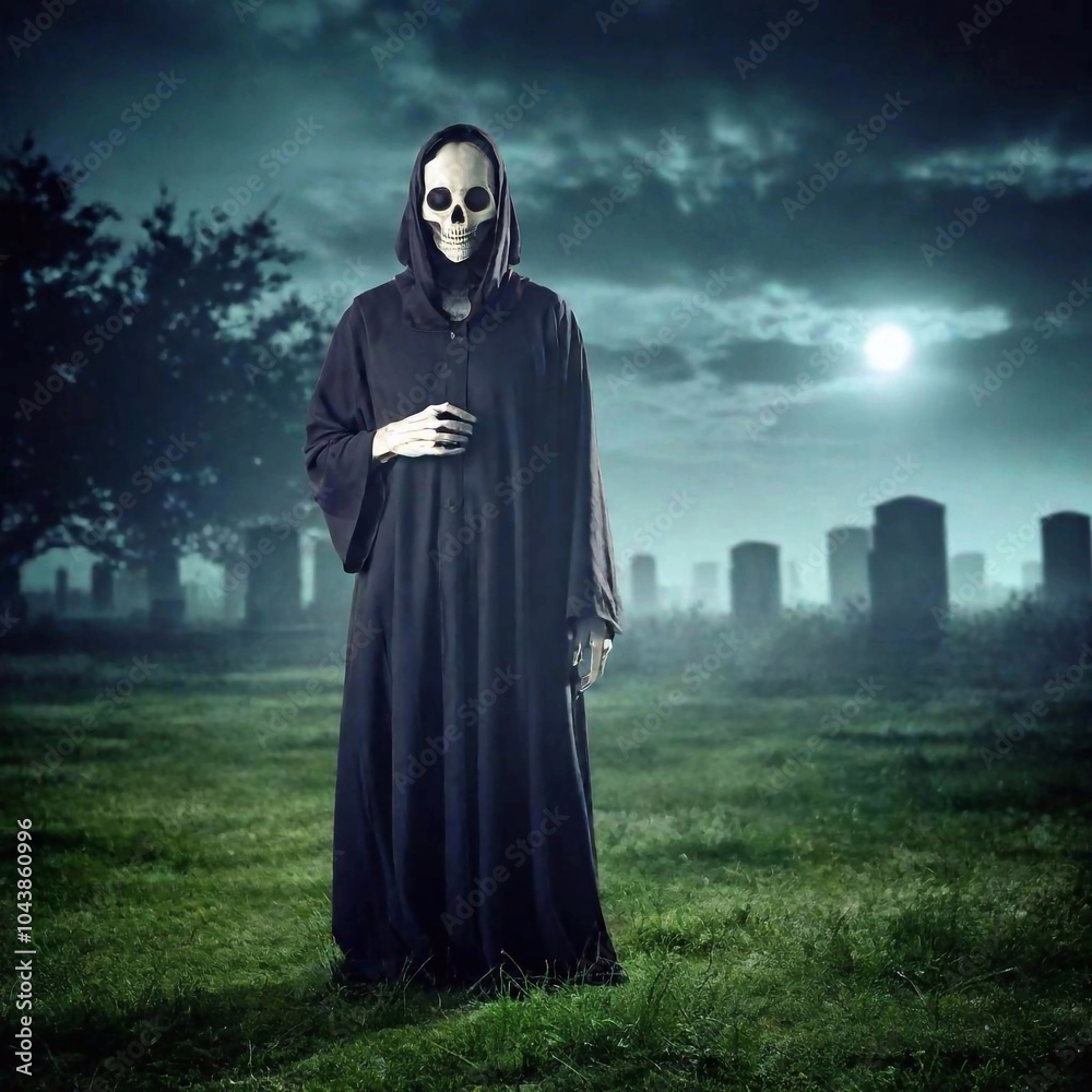 Grim Reaper creature, full body image in cemetery at night with fog ...