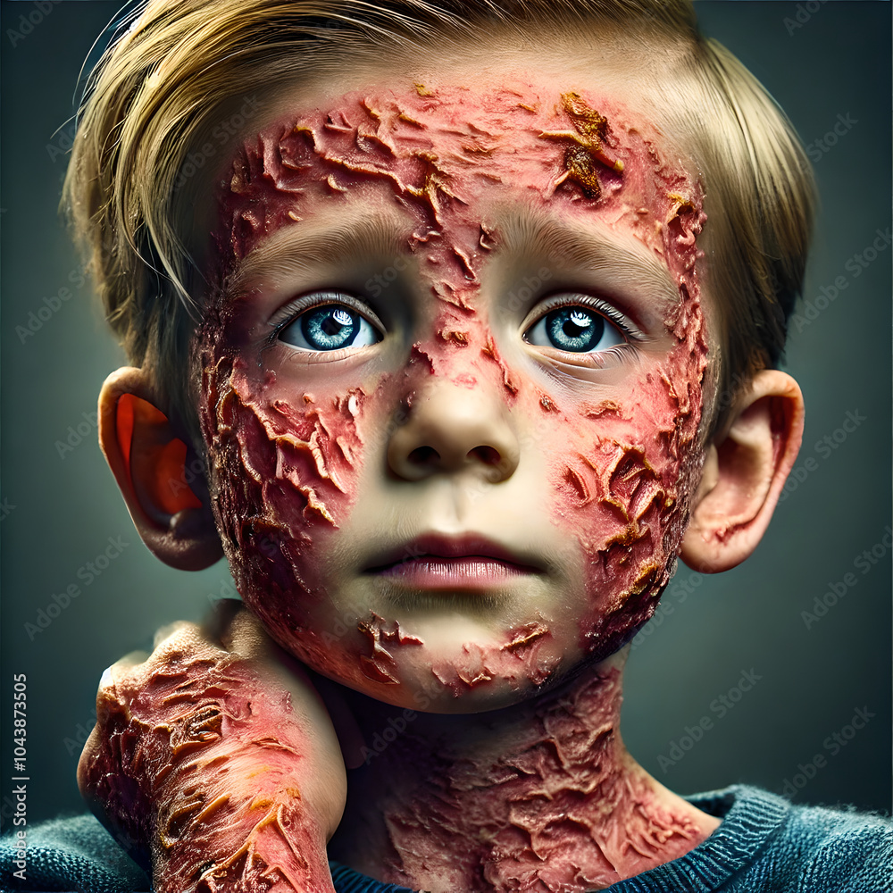 Young child with atopic dermatitis (eczema) on face and arms. dry, red ...