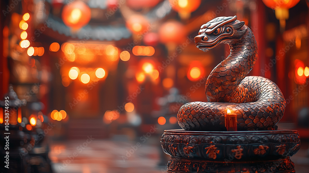 Statue of a snake and Chinese lanterns. Celebration of the Chinese New ...