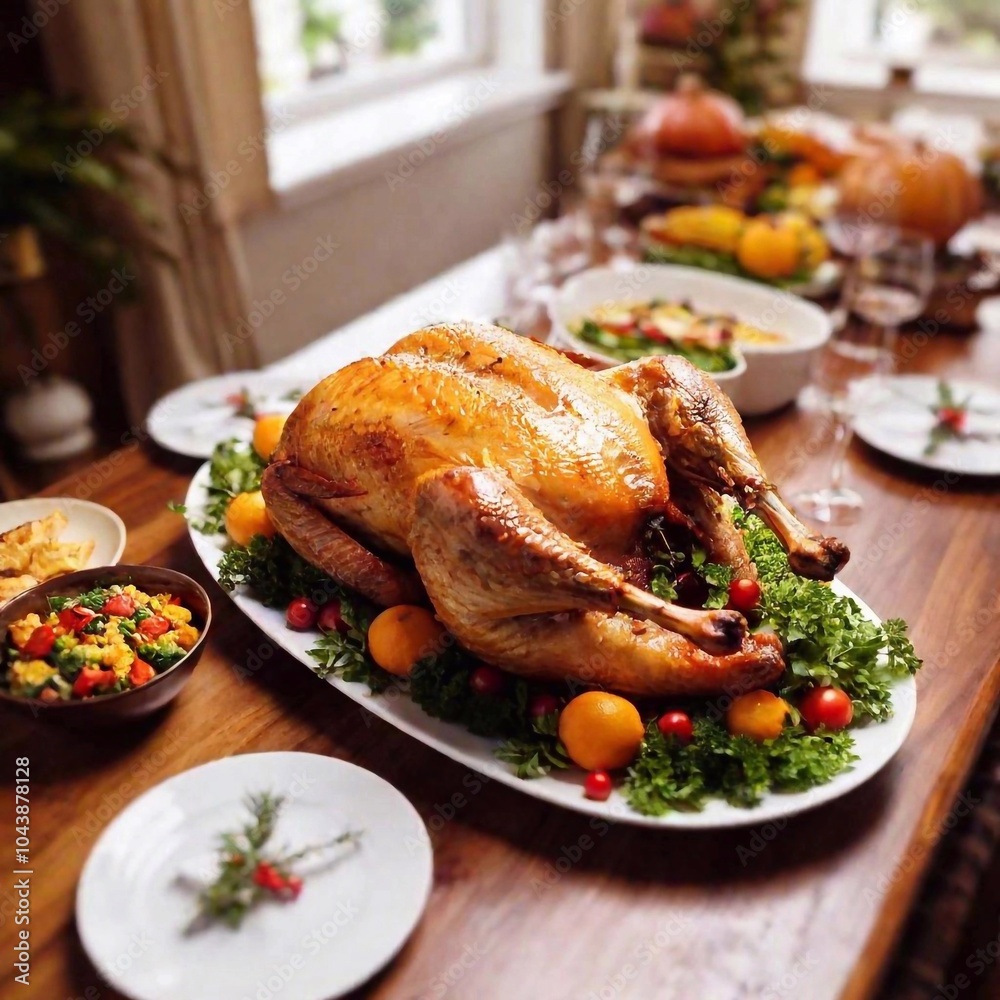 A Thanksgiving dinner table elegantly set for a feast, depicted in a ...