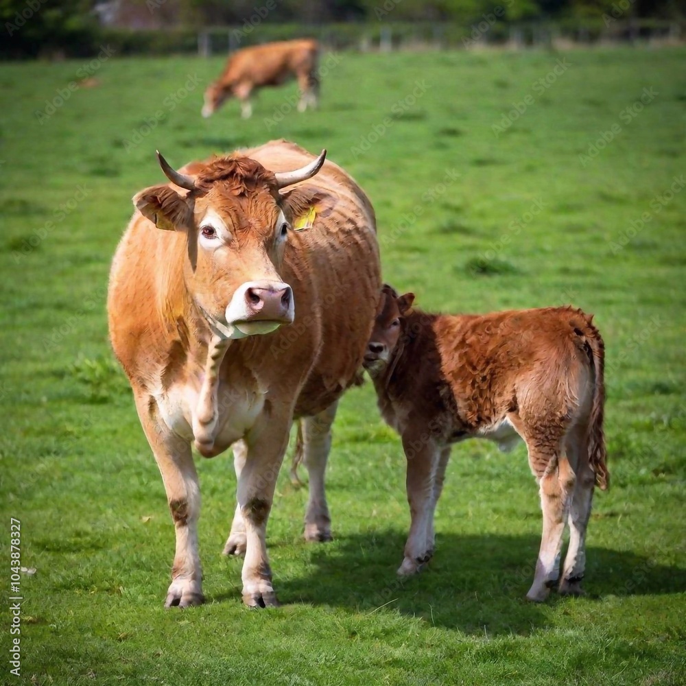 A full shot photo of a cow with its calf in a pasture, deep focus ...
