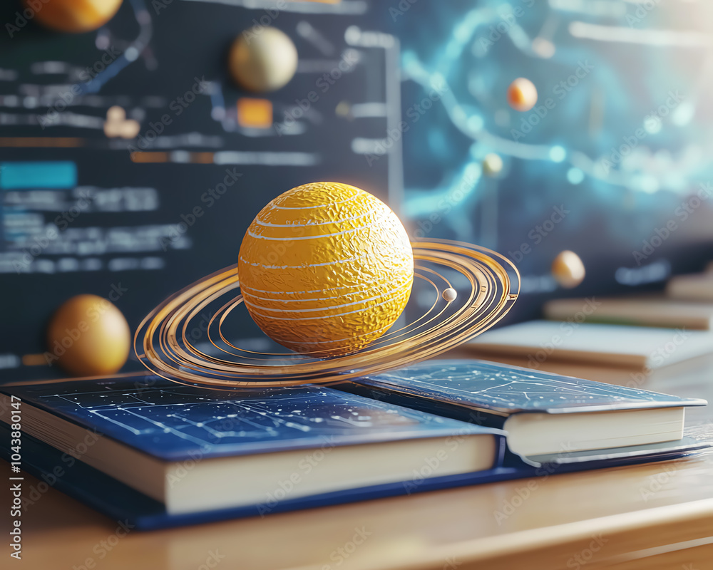 Solar system model on a school desk with books and notes, astronomy ...