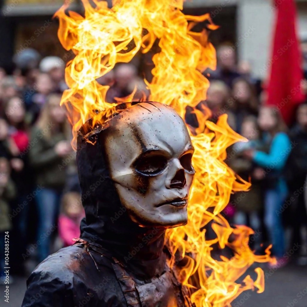 A close-up of a partially burned Guy Fawkes effigy, the flames ...