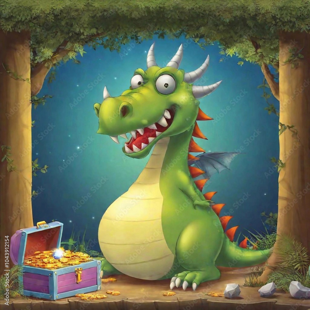 cartoon dragon with treasure chest in front of a castle with a sign of ...