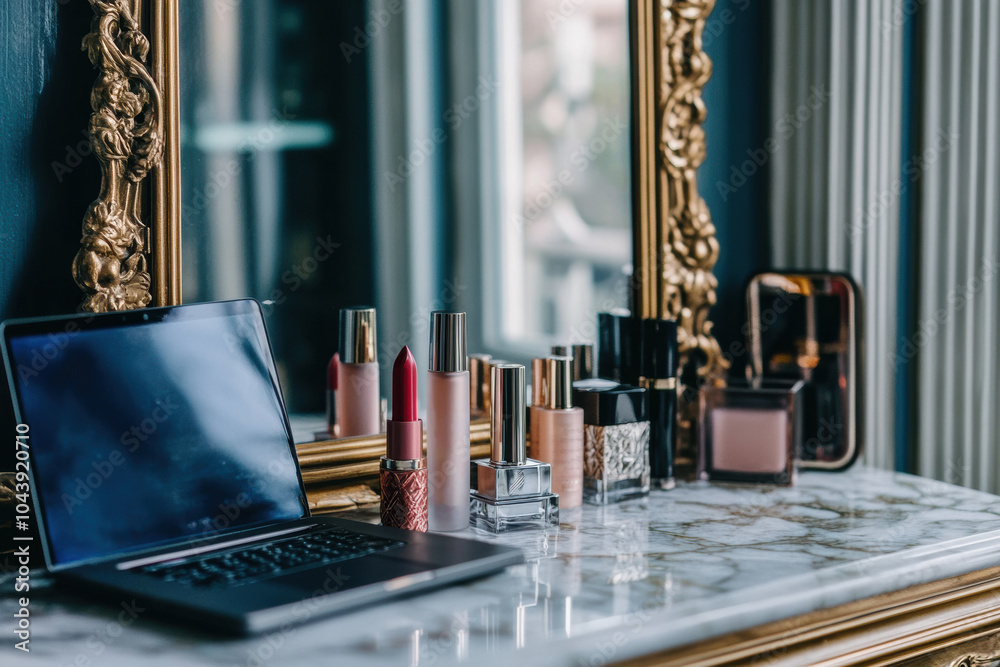 image of a vanity with a marble top, displaying a laptop, lipsticks ...