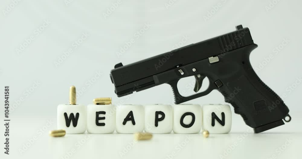 Black handgun placed on cubes forming word Weapon against white. Gun ...