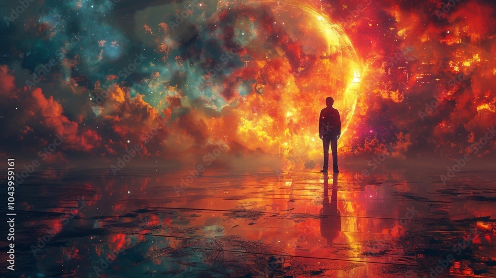 A digital artwork of a person standing in front of an infinity mirror ...
