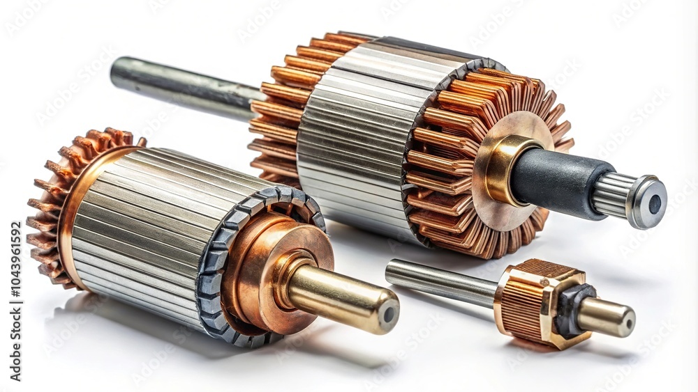 Close-up view of parts of a DC motor armature, brushes, permanent ...