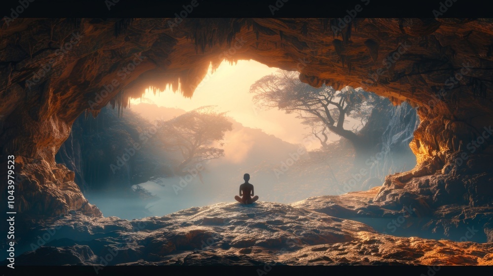 In a secluded corner of a hidden cave a person sits alone in deep ...