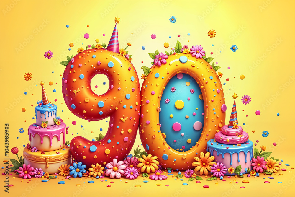 90th birthday card. Large, colorful number 90 with a three-dimensional ...
