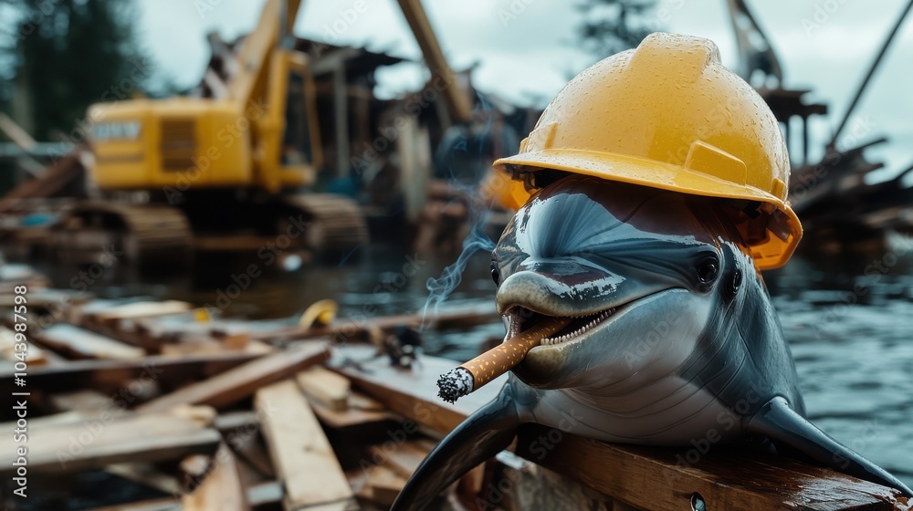A dolphin wearing a hardhat confidently holds a cigar amidst a ...