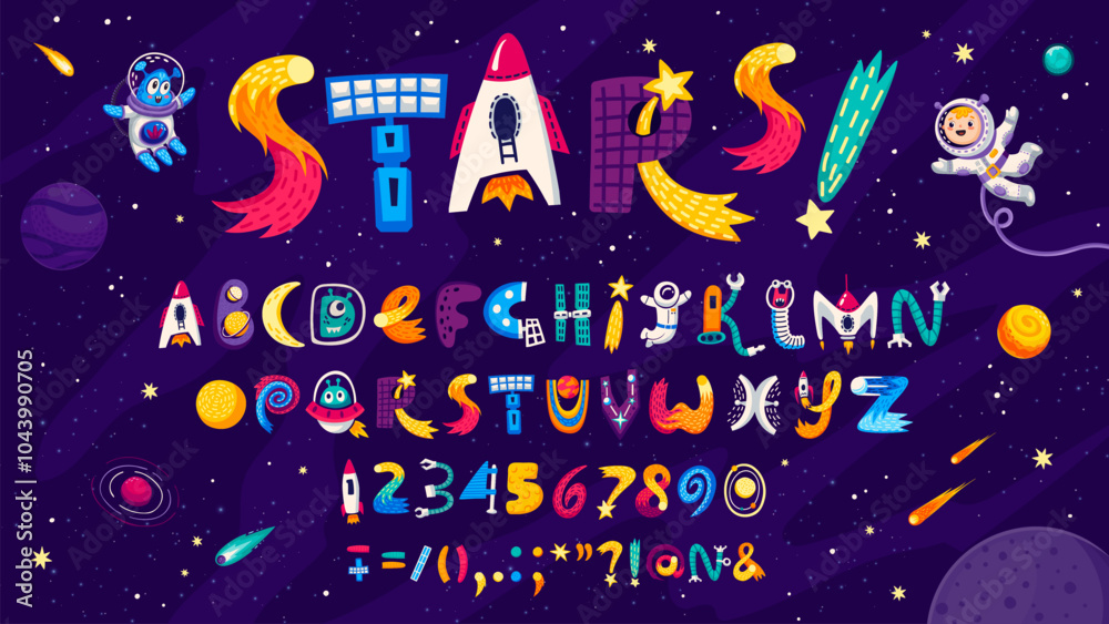 Cartoon space font, galaxy typeface, universe type, kids english ...