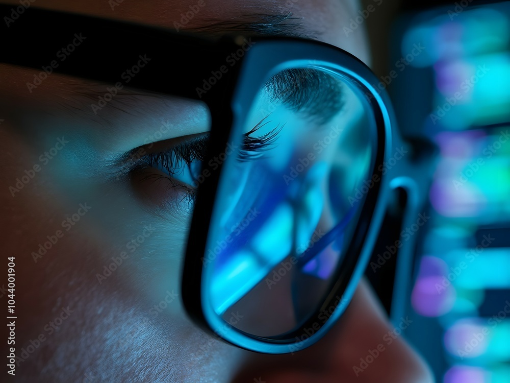 Cybersecurity expert working, coding on laptop, digital code on glasses reflection, tech ...