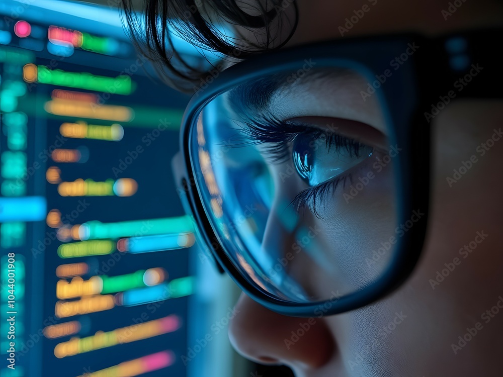 Cybersecurity expert working, coding on laptop, digital code on glasses reflection, tech ...