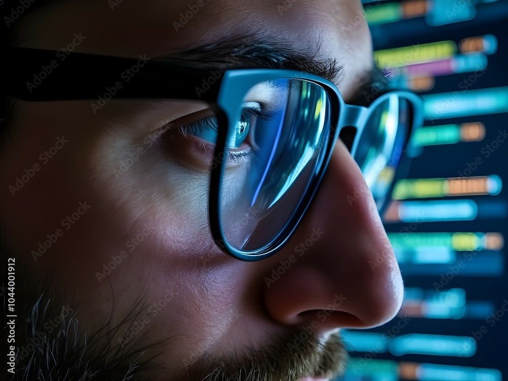 Cybersecurity expert working, coding on laptop, digital code on glasses ...