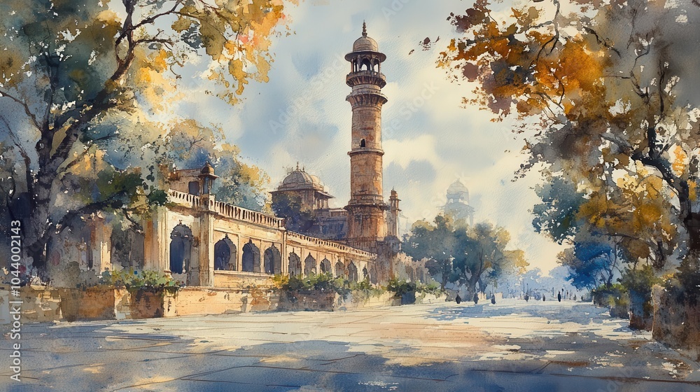 watercolor depiction of delhis qutub minar showcasing its majestic ...