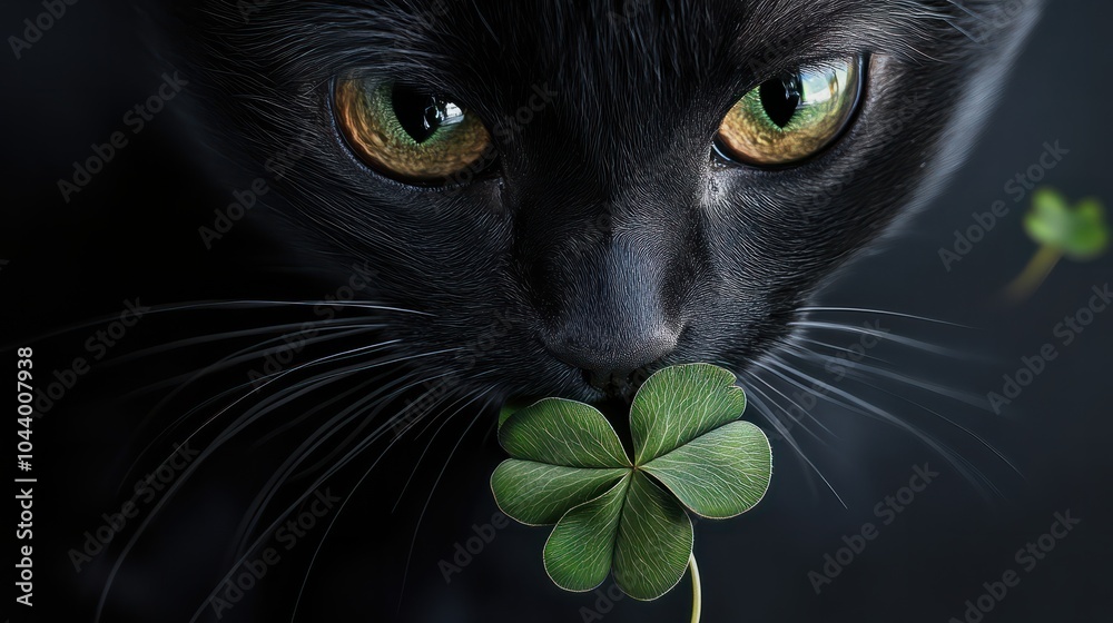 Black cat with four leaf clover Lucky clover good luck or bad luck ...