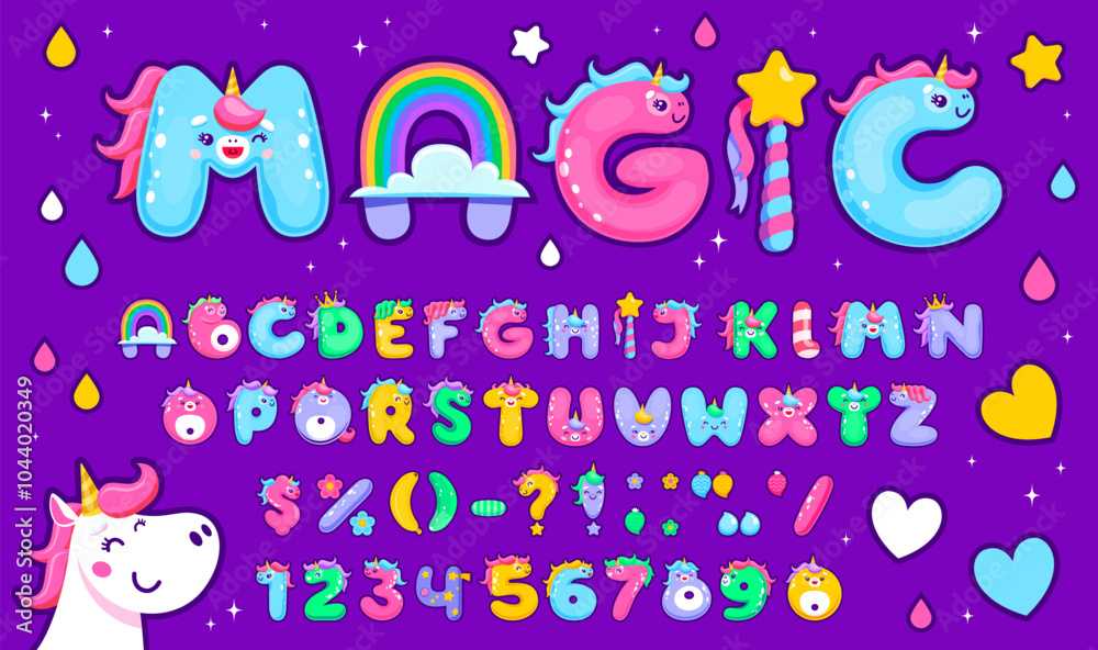 Cartoon cute unicorn font. Magic type, fairytale horse typeface ...