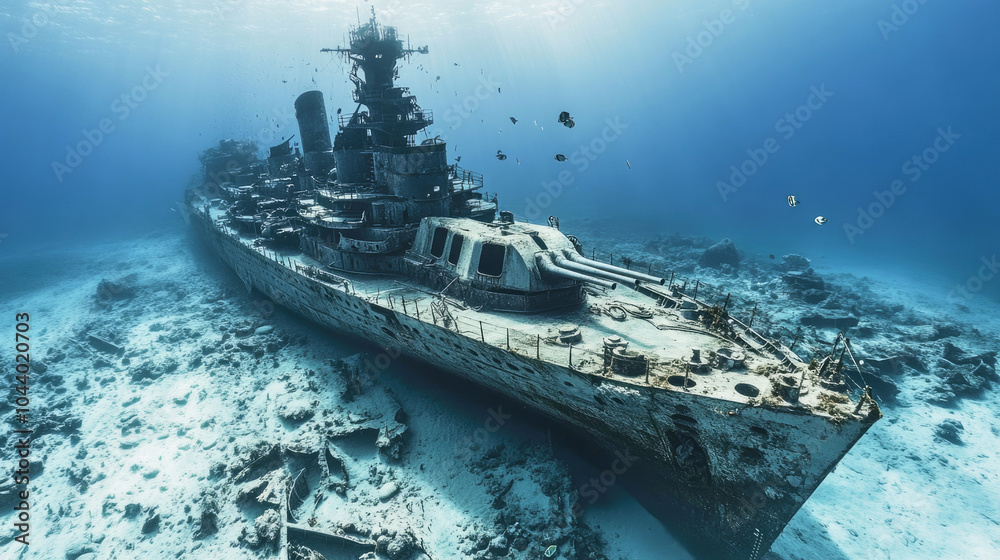 Rusty WWII battleship rests on the ocean floor, teeming with marine ...