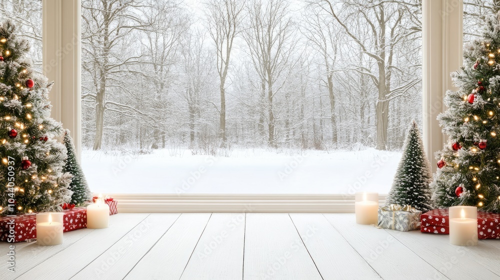 The large window frames a snowy landscape, highlighting small Christmas ...