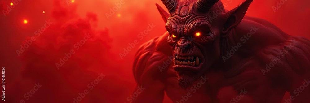 A fierce, mythical beast emerges from a smoky, red background, exuding ...