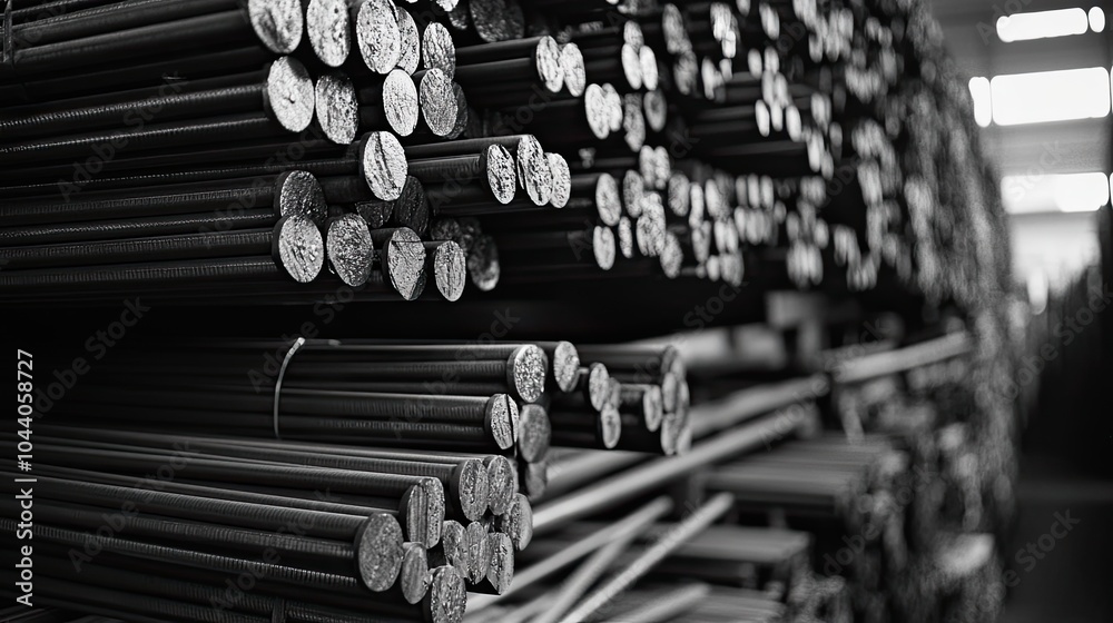 Neatly arranged piles of iron rods stacked high in a warehouse ...